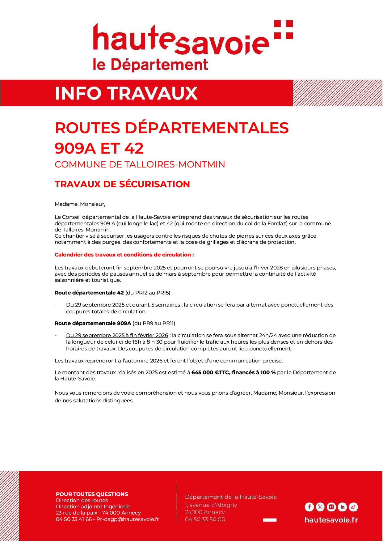 Info Travaux - Routes départementales 909A et 42 - Doussard